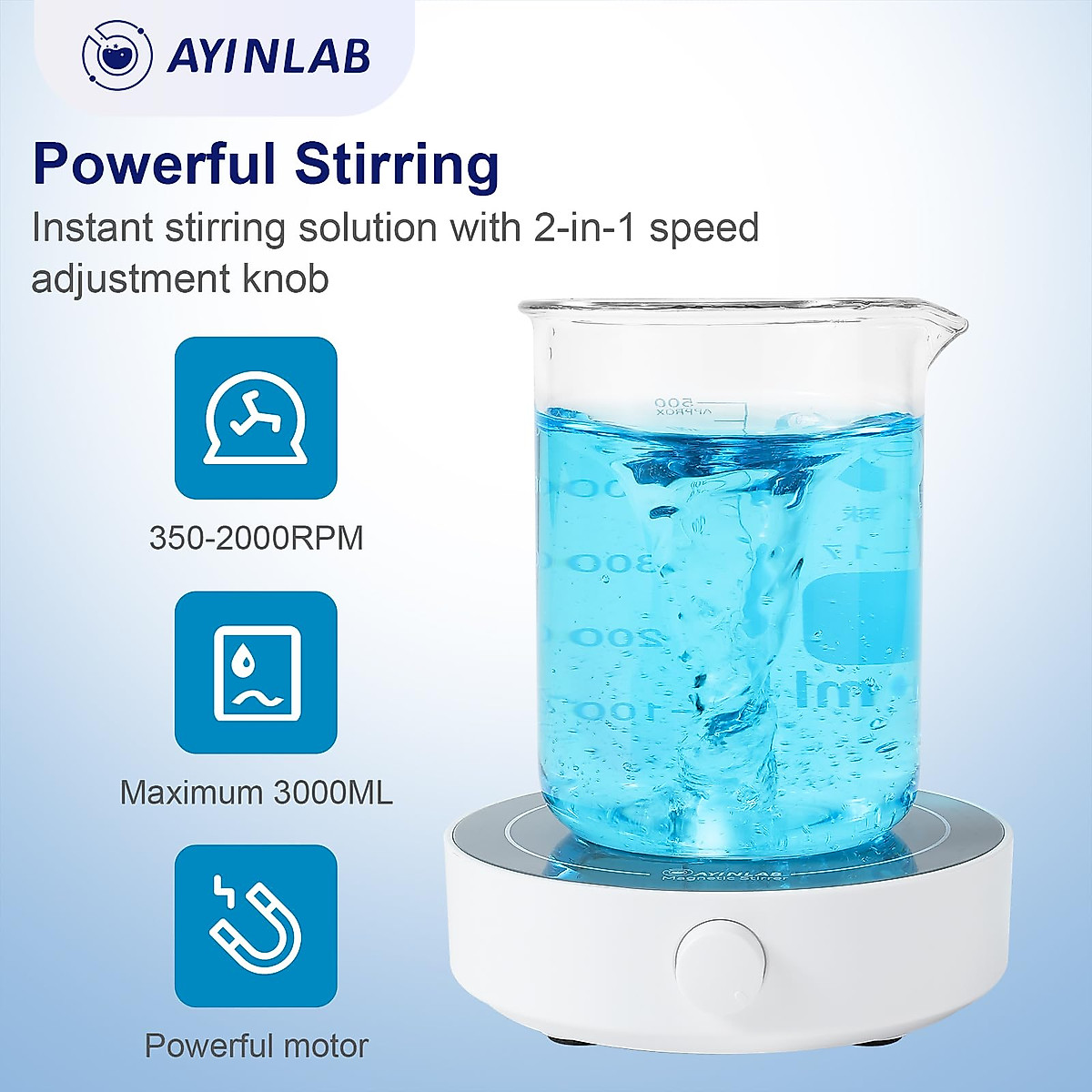 AyinLab Magnetic Stirrer, Fast Stir Plate with Speed Control, Lab Magnetic Mixer with 4pcs Magnetic Stir Bars, 1 Stir Bar Retriever for Making Yeast, Liquid Stirring, Max Volume 3000ml, Powerful Motor