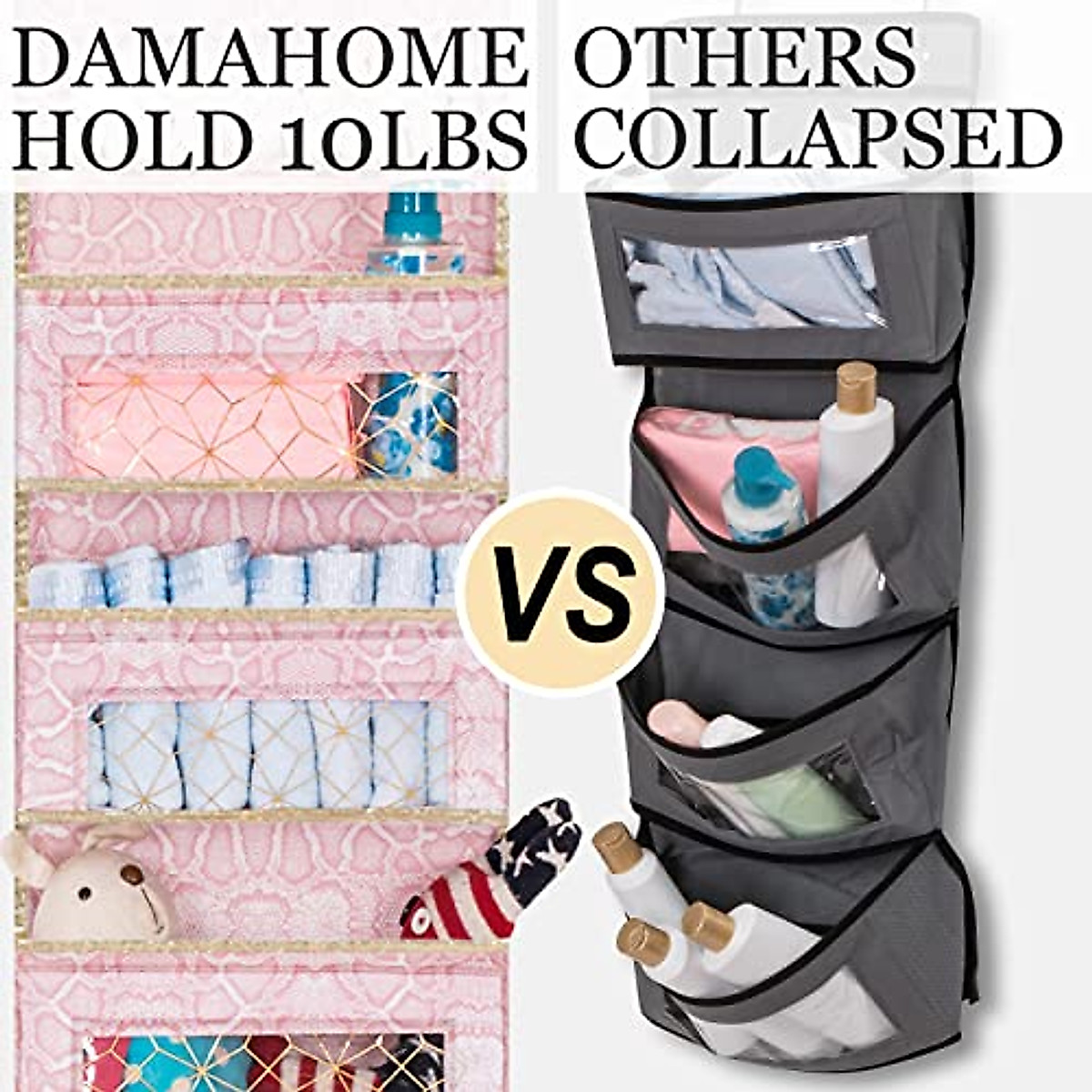 DAMAHOME Over Door Hanging Organizer - Closet Door Storage Organizer 5 Large Pockets, Door Organizer Hanging Clear Window Pocket, 4 Metal Hooks for Baby Nursery Bedroom Pantry Bathroom (Pink)