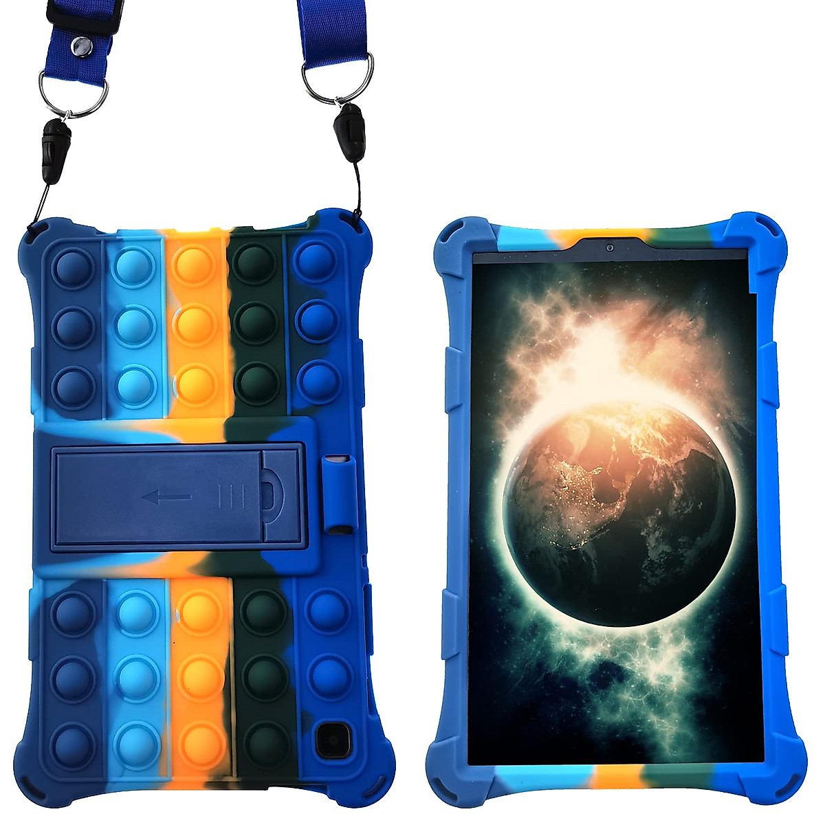 iZi Way Pop It Tablet Case for Lenovo Tab M10 FHD Plus 10.3" 2nd Gen TB-X606F, Smart Tab M10 HD 10.1" TB-X306F, Fidget Poppet Push Bubble Silicone Cover Stand Strap Pencil Holder for Boys - Blue