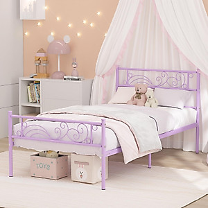 Weehom Twin Bed Frame with Headboard, Princess Bed Metal Platform No Box Spring Needed,Heavy Duty Metal Slats Support Easy Assembly for Kids Girls Adults Purple