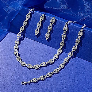Miraculous Garden 3 Pack Silver Plating Rhinestone Crystal Choker Necklace Link Bracelet Dangle Earrings Jewelry Sets for Women Girls