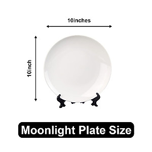 MR.R Set of 2 Sublimation Blanks White Ceramic Moon Plate with Stand,Porcelain Plates, 10 inch Round Dessert or Salad Plate, Lead-Free, Safe in Microwave, Oven, and Freezer