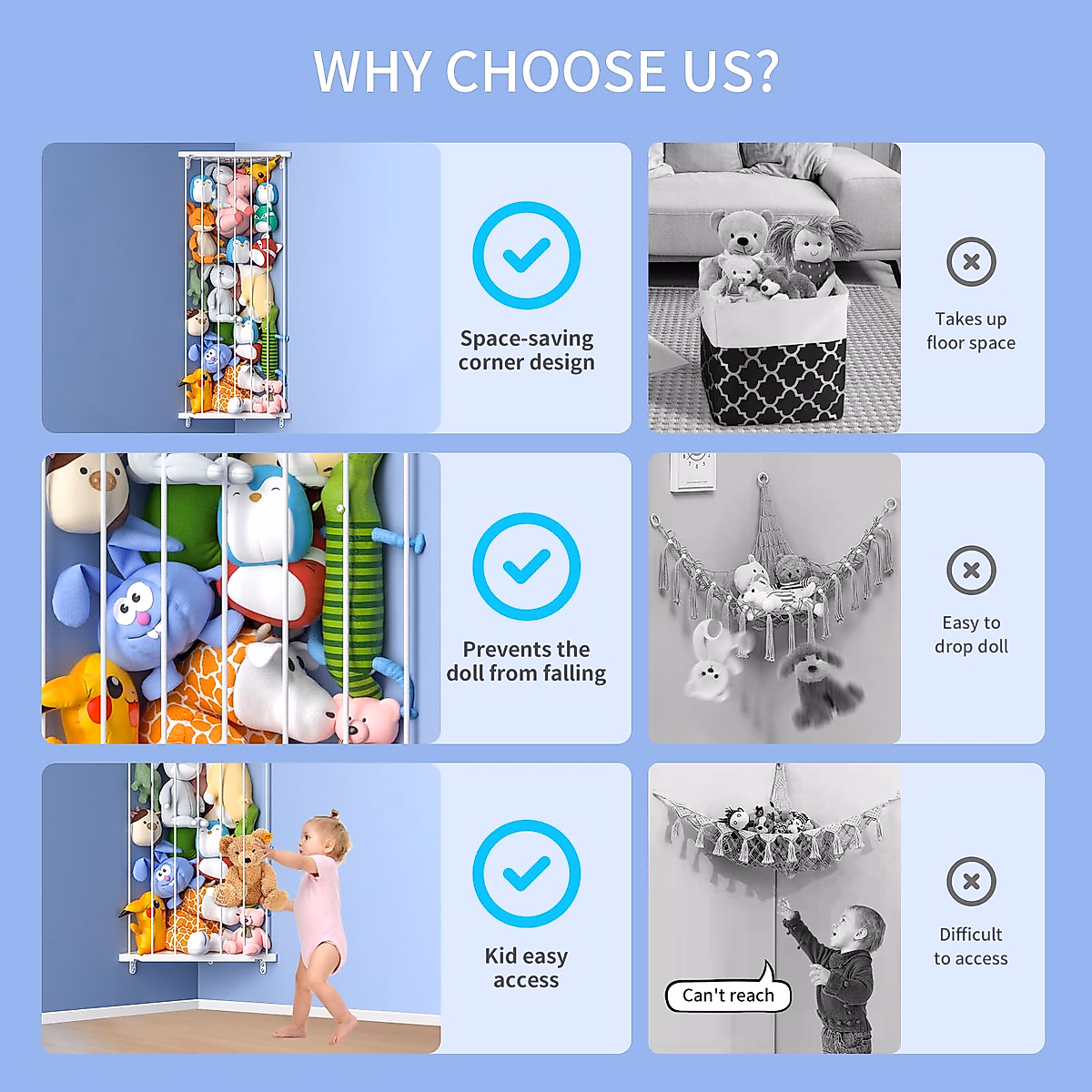 Befayoo Corner Stuffed Animal Storage Organizer - Kids Stuffed Animal Holder with Length Adjustable - Wall Plush Storage for Nursery Playroom Bedroom (White)