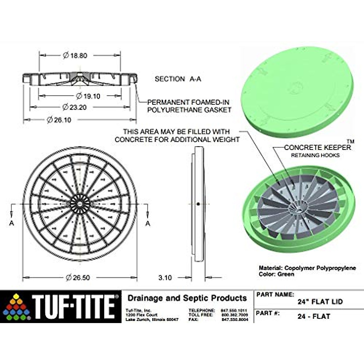TUF-Tite 24" Heavy Duty Flat Riser Lid for TUF-Tite Risers or Corrugated Pipe Risers, Green