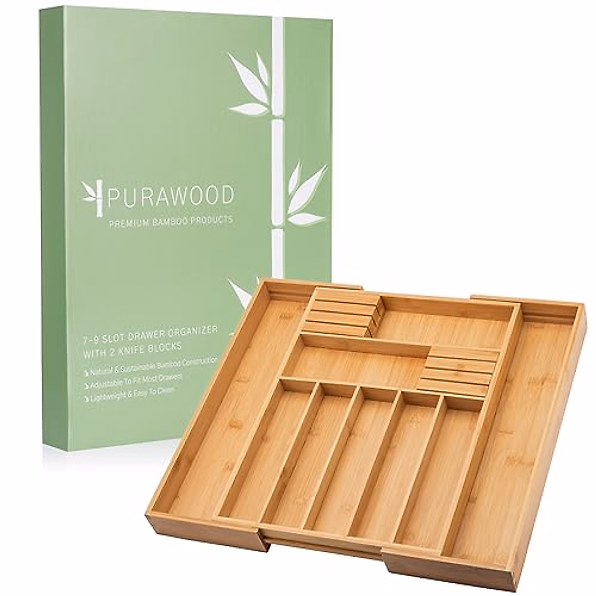 Bamboo Drawer Organizer with Knife Blocks - Silverware Organizer & Utensil Drawer Organizer, Cutlery Tray with Dividers, 7-9 Slots- Premium Kitchen Drawer Organizer for Utensils & Flatware (Natural)