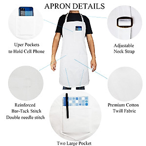 DCCPAA Professional Cooking Apron Chef Designed for Kitchen BBQ Grill,Chef, Hobby and Workshop -10 OZ 100% Cotton twill for Women and Men Bib Adjustable Straps with 3 Pockets-white