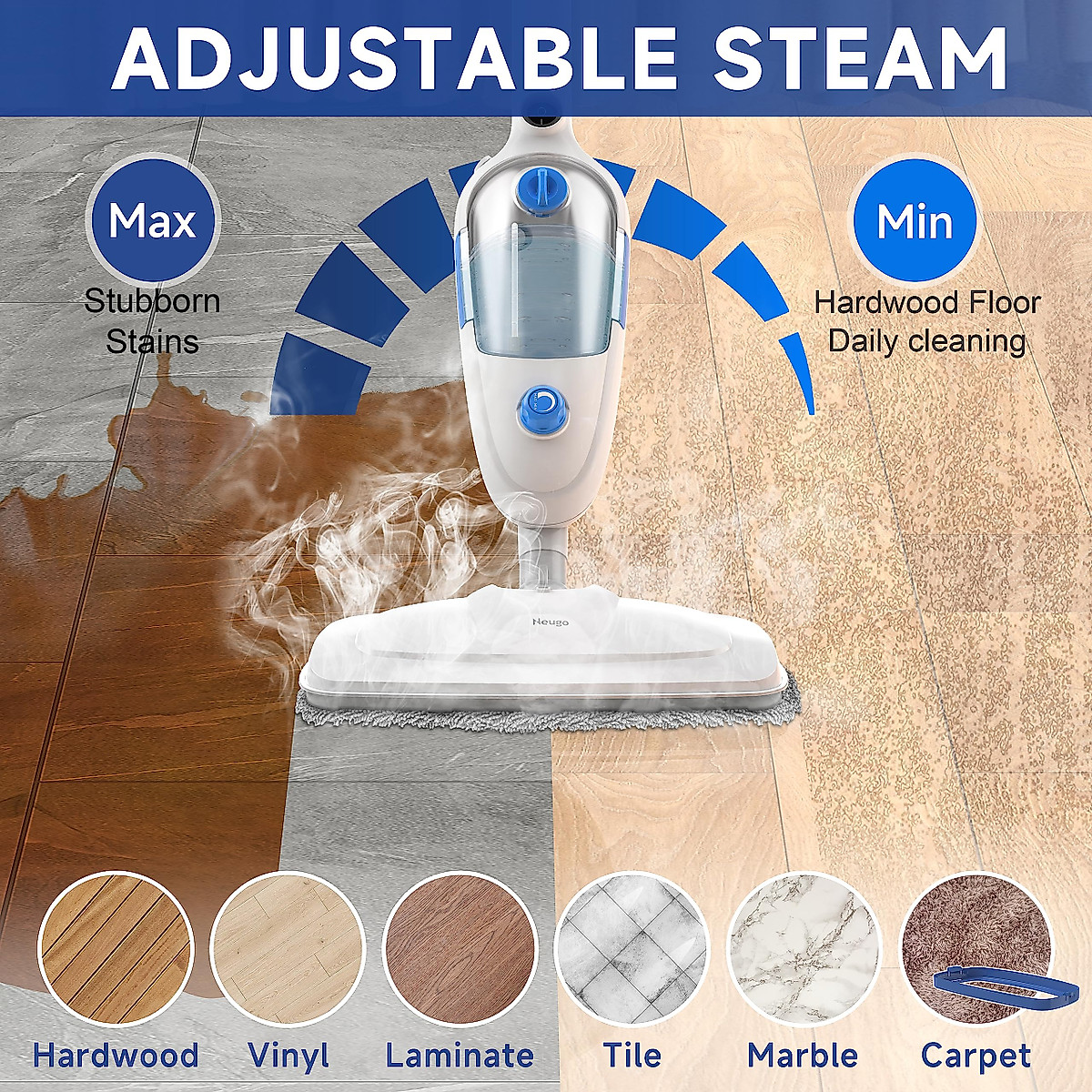 Steam Mop for Hardwood Floor Cleaning, Floor Steamer Cleaner Lightweight for Vinyl, Laminate, Carpet, Tile Hard Floors w/Adjustable Steam Modes & Height, 23ft Cord, 2 Washable Pad