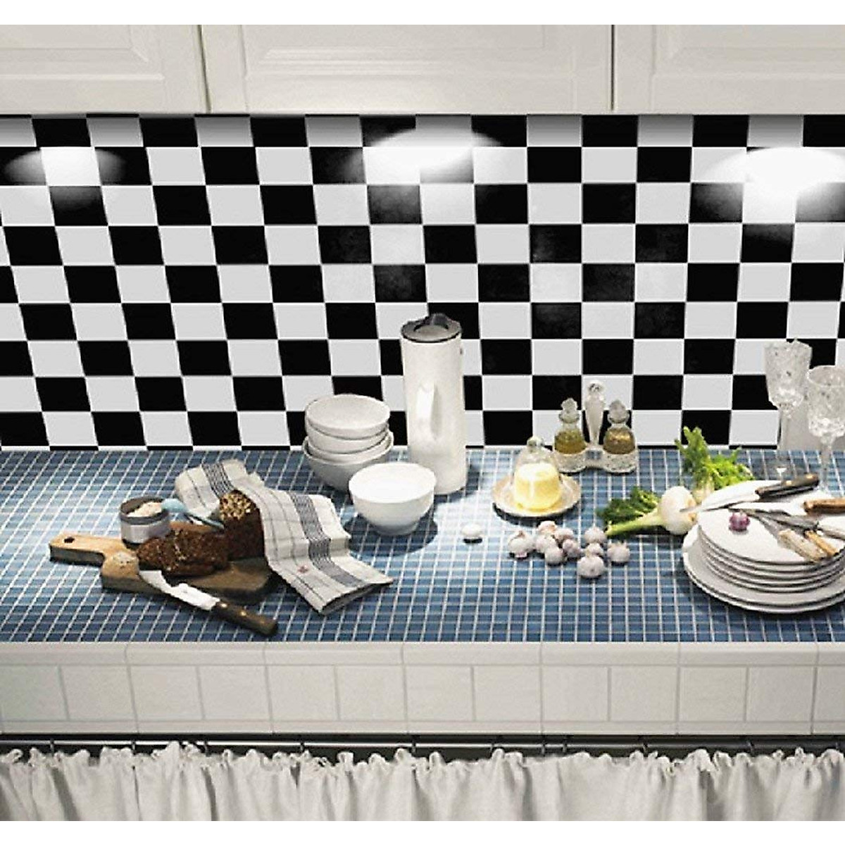 Self-Adhesive Black & White Grid Adhesive Paper Counter Top Vinyl Furniture Cabinets Wardrobe Shelf Liner Wallpaper 17.7 Inch by 98Inch