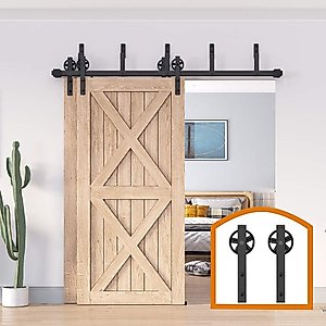 ZEKOO 5-18 FT Bypass Barn Door Hardware for Double Barn Door, Barn Door Track for Sliding Closet Door, Heavy Duty Double Bypass Barn Door Kit Big Black Spoke Hangers (9FT Bypass Double Door Kit)