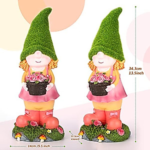 Flocked Lady Garden Gnomes, Solar Gnome Decoration Garden Statue for Yard, Patio, Lawn, Porch, Garden Decor for Outside Women Men Gifts