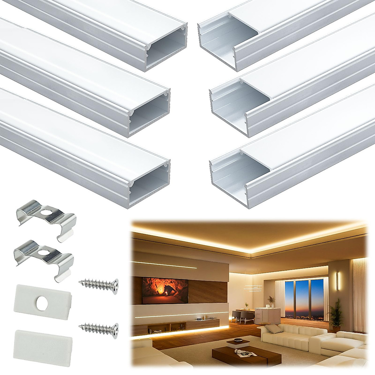 Muzata 6Pack 3.3FT/1M Wider LED Channel System with Milky White Cover Silver Aluminum LED Strip Channel for Waterproof LED Strips up to 16mm U102 WW