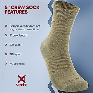 Vertx VaporCore 5" Mens Crew Socks, Moisture Wicking Merino Wool Socks, Quick Drying, Odor Control, for Tactical Hiking Sport Hunting, Athletic, Casual, Ranger Green, Medium