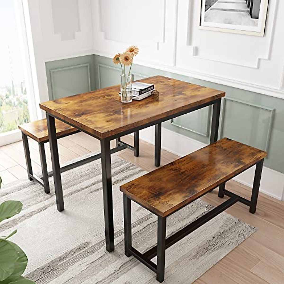 AWQM Dining Table Set with Two Benches, Kitchen Table Set for 4-6 Persons, Kitchen Table of 43.4 x 23.7 x 28.6 Inches, Bench of 38.6 x 11.9 x 17.6 Inches Each, Rustic Brown and Black