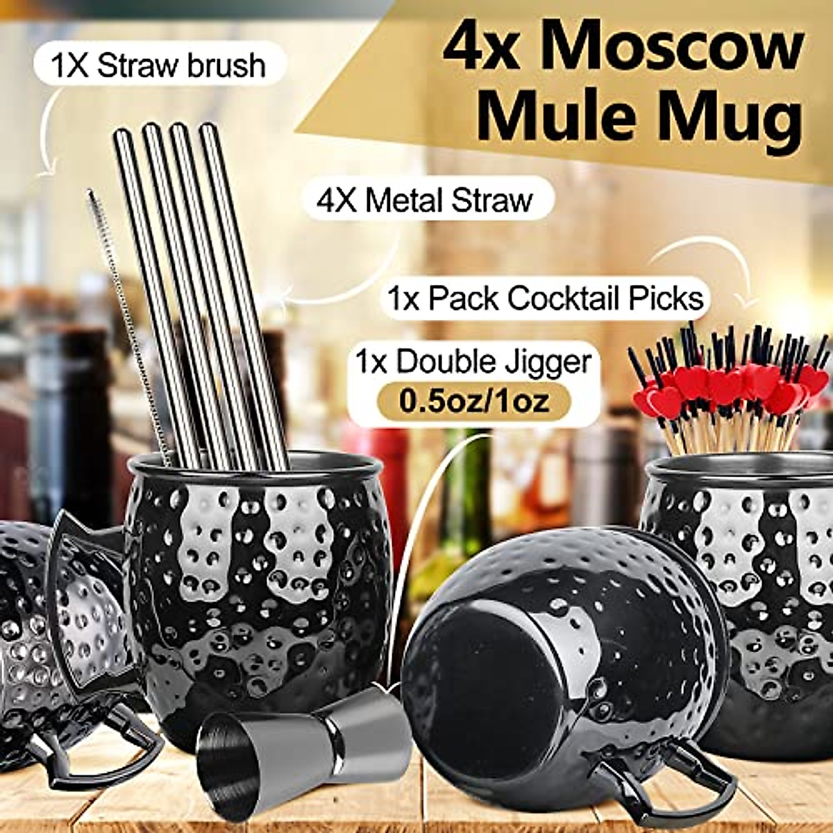 LINALL Moscow Mule Mugs- Set of 4 Gunmetal Black Plated Stainless Steel Mug 18oz, Measuring Cup, Cocktail Picks for Chilled Drinks (4pcs)