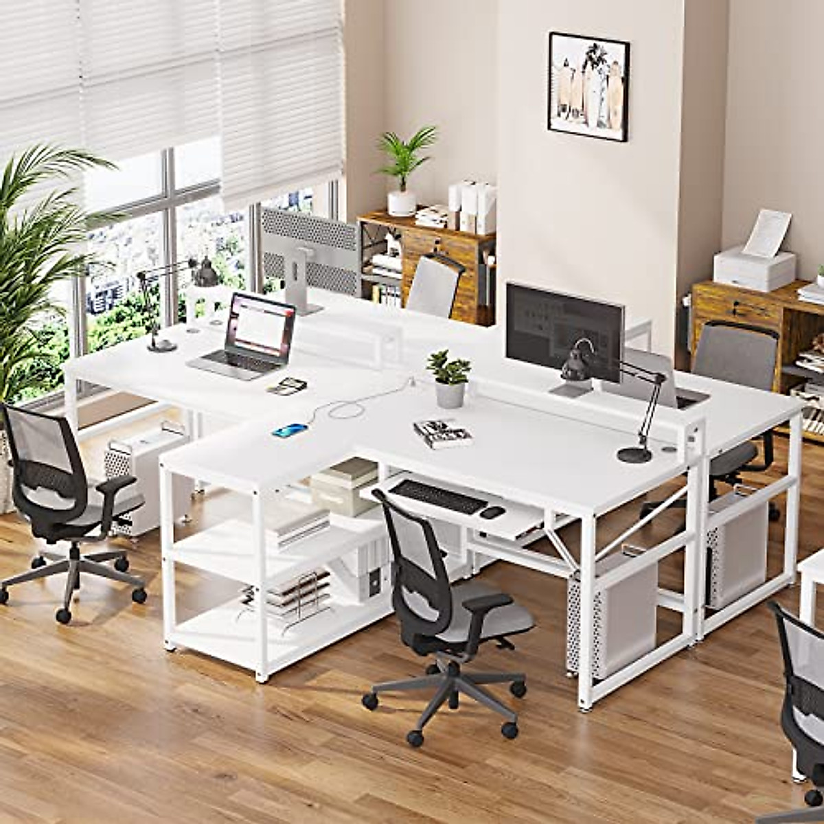 SEDETA 94.5" White Computer Desk, Two Person Gaming Desk with LED Light, Keyboard Tray, Power Strip with USB, Monitor Shelf & Storage, Extra Long Double Desk for Home Office, White.