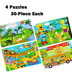 SURFCUZ Wooden Jigsaw Puzzles Set for Kids Age 3-8 Year Old 30 Piece Colorful Wooden Puzzles for Toddler Children Learning Educational Puzzles Toys for Boys and Girls (4 Puzzles)