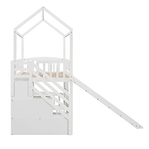 CITYLIGHT Twin Loft Bed with Stairs and Slide, Wooden House Loft Bed with Slide, Loft Bed Twin with Storage Staircase, Kids Loft Bed Frame for Girls or Boys,No Box Spring Needed, White