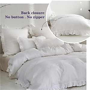 Simple&Opulence 100% Linen Duvet Cover Set, 3 PCS Natural French Flax White Ruffle Duvet Cover King Size, Breathable Comfy Linen Bedding Comforter Cover with 2 Pillowcases (White, 104"X92")