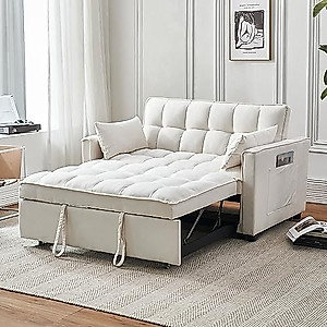 Ugijei 55.5'' 3-in-1 Convertible Sleeper Sofa Bed, Velvet Pull Out Sofa Bed with Pull Out Bed, Adjustable Backrest, Storage Pockets & Pillows, Modern Pull Out Couch for Living Room Furniture (Beige)