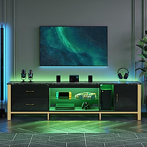 Bestier TV Stand for 75/80/85/90 Inch TVs, LED Gaming Entertainment Center, Modern TV Cabinet with Glass Shelves for Living Room, 2 Storage Drawers & Cabinets for Bedroom, Black Glossy