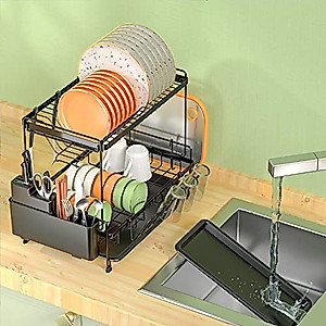 Emoshayoga Dish Drying Rack, 2 Tier Detachable Carbon Steel Black Dish Racks with Drainboard for Kitchen