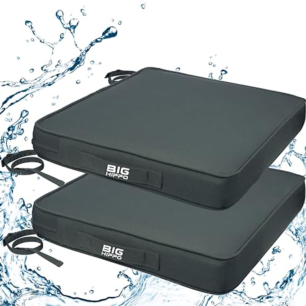 Big Hippo Patio Chair Cushion 16 x 17 Inch Waterproof Outdoor Seat Cushions for Patio Furniture 5-Year Color Fastness Sofa Garden Couch Chair Pads with Handle and Adjustable Straps Set of 2, Gray