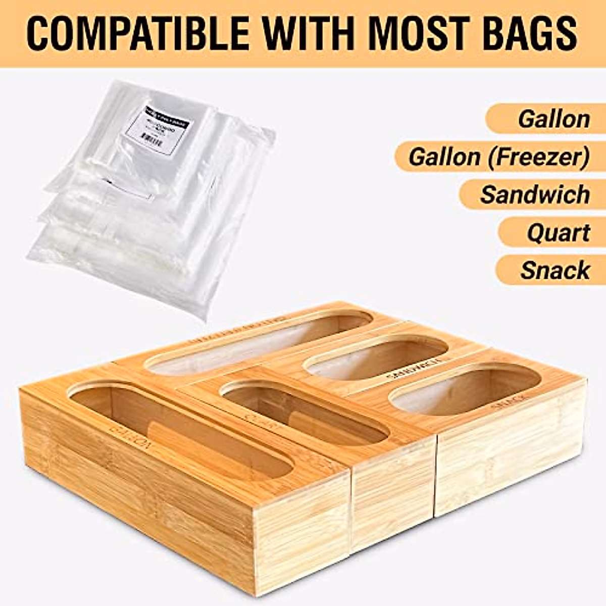 Waratah Home Bamboo Storage Bag Organizer - 5 Pc Magic Bag Organizer for Kitchen and Drawer, Compatible with Gallon, Quart, Sandwich, Snack and Variety Size Bag (Pack of 5)