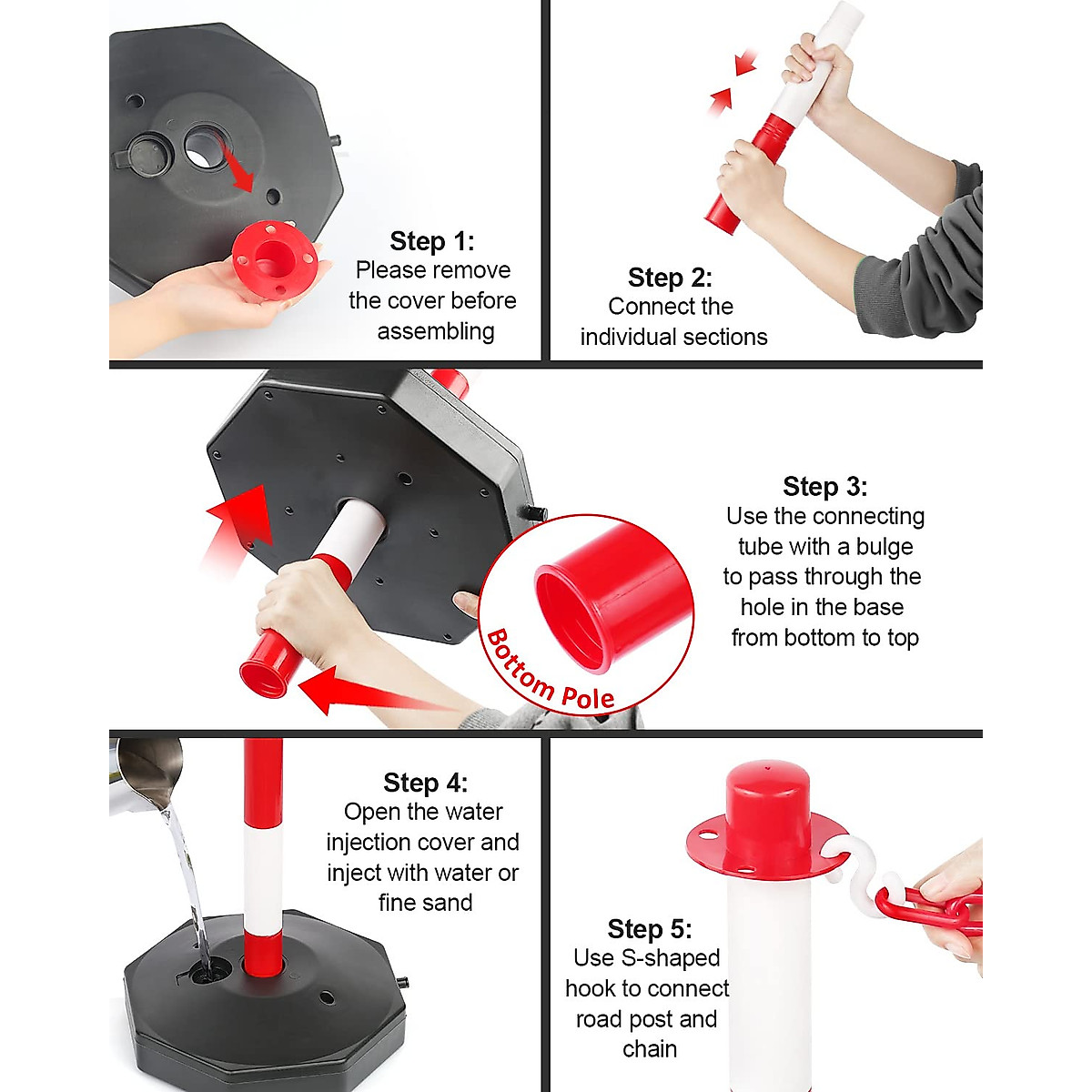 RoadHero [2 Pack] Traffic Delineator Post Cones with Fillable Base, Expandable Traffic Safety Barrier with 8FT Plastic Chain, Traffic Safety Delineator Cones for Parking Lot [Red/White]