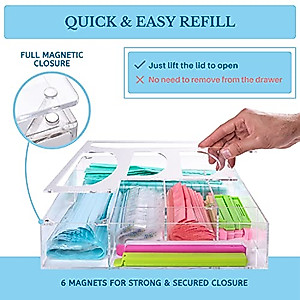 Ziplock Bag Storage Organizer Acrylic Brightroom Drawer Storage Upgraded Design Gallon Quart Sandwich Snack Fit Ziploc & All Food Bags Brands, Clear Plastic Kitchen Baggie Dispenser, 6 Clips Included