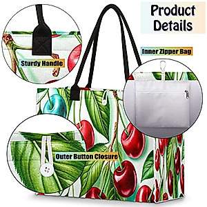 cfpolar Cherry Reusable Grocery Shopping Bag with Hard Bottom, QQQBQQ Large Foldable Multipurpose Heavy Duty Tote with Zipper Pockets, Sustainable, Durable and Eco Friendly, Beach Bag