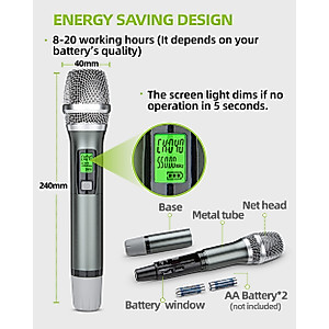 Kimyah Wireless Microphone System, All Metal Dual UHF Cordless Mics of Handheld, 328ft Range, Ideal for Church, Conference and Karaoke, DJ, Wedding(KY-8208)