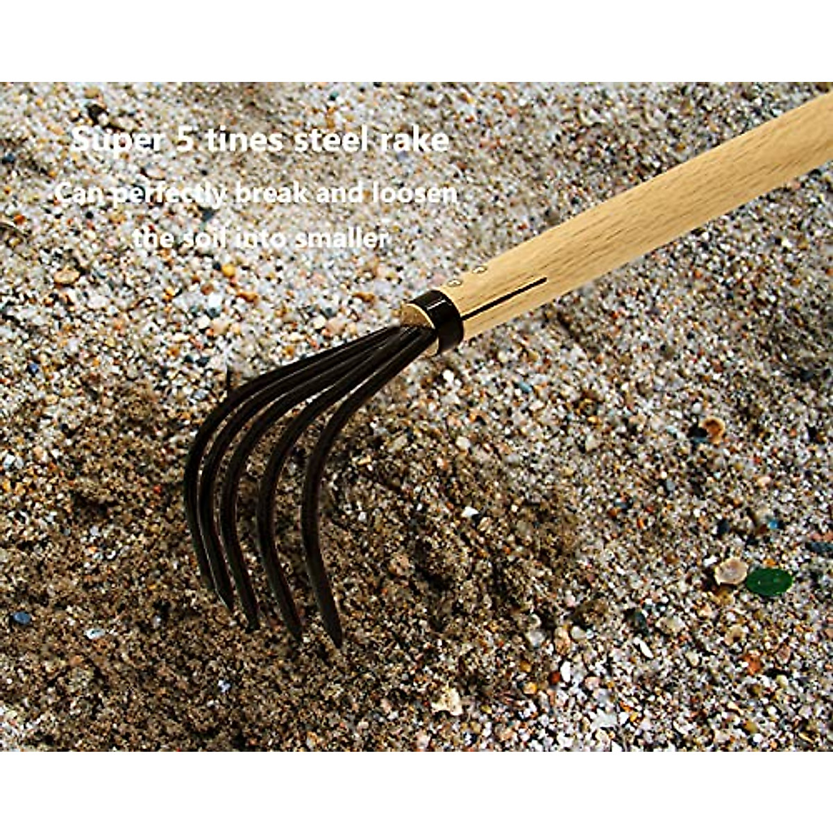 XFJTECH 15'' Garden Rake Cultivator 5 Tines Claw Soil Tiller Military Grade Steel Japanese Ninja Claw with Ergonomic Wooden Handle for Perfect Pulverized and Aerated Soil and Combing Leaves Weeding