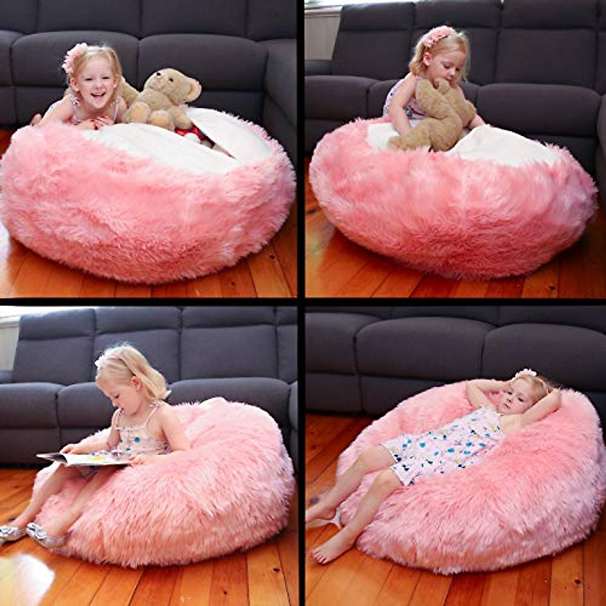Fluffy Stuffs | Super Soft Furry Stuffed Animal Storage Bean Bag Chair Cover for Kids | Premium Plush Fur | Canvas Handle | Make Bedroom Clutter Comfortable and Fun for Children | Machine Washable