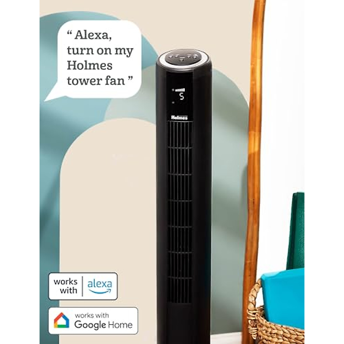 HOLMES 42" SmartConnect WI-FI Digital Tower Fan, ClearRead Display, Alexa Voice Control, 90° Oscillation, 5 Speeds, 4 Modes, 8-Hour Timer, Home, Bedroom or Office, Remote Control, Matte Black