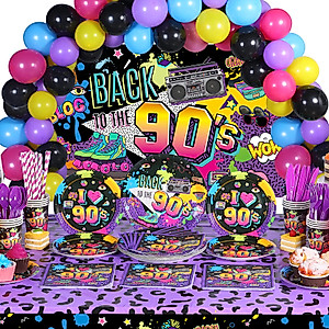 90s Party Decorations 90s Theme Backdrop Latex Balloons Back to The 90's Tablecloth Party Tableware Set 90's Paper Plates Napkins Knife Forks Flatware for Birthday Hip Hop Graffiti Supplies