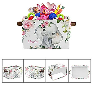 Pink Elephant Floral Personalized Storage Basket ,Custom Storage Bins Cubes Organizer with Handle for Bedroom Wardrobe,Nursery,Basket 1 Pack