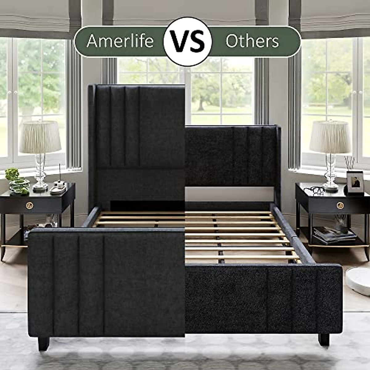 AMERLIFE Queen Size Bed Frame, Velvet Upholstered Platform with Vertical Channel Tufted Headboard & Footboard/Wingback, Mattress Foundation Wood Slats, No Box Spring Needed, Grey (BF-004)