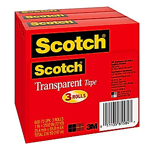 Scotch Transparent Tape, 3 Boxes, 1 in x 2592 in (600-72-3PK)