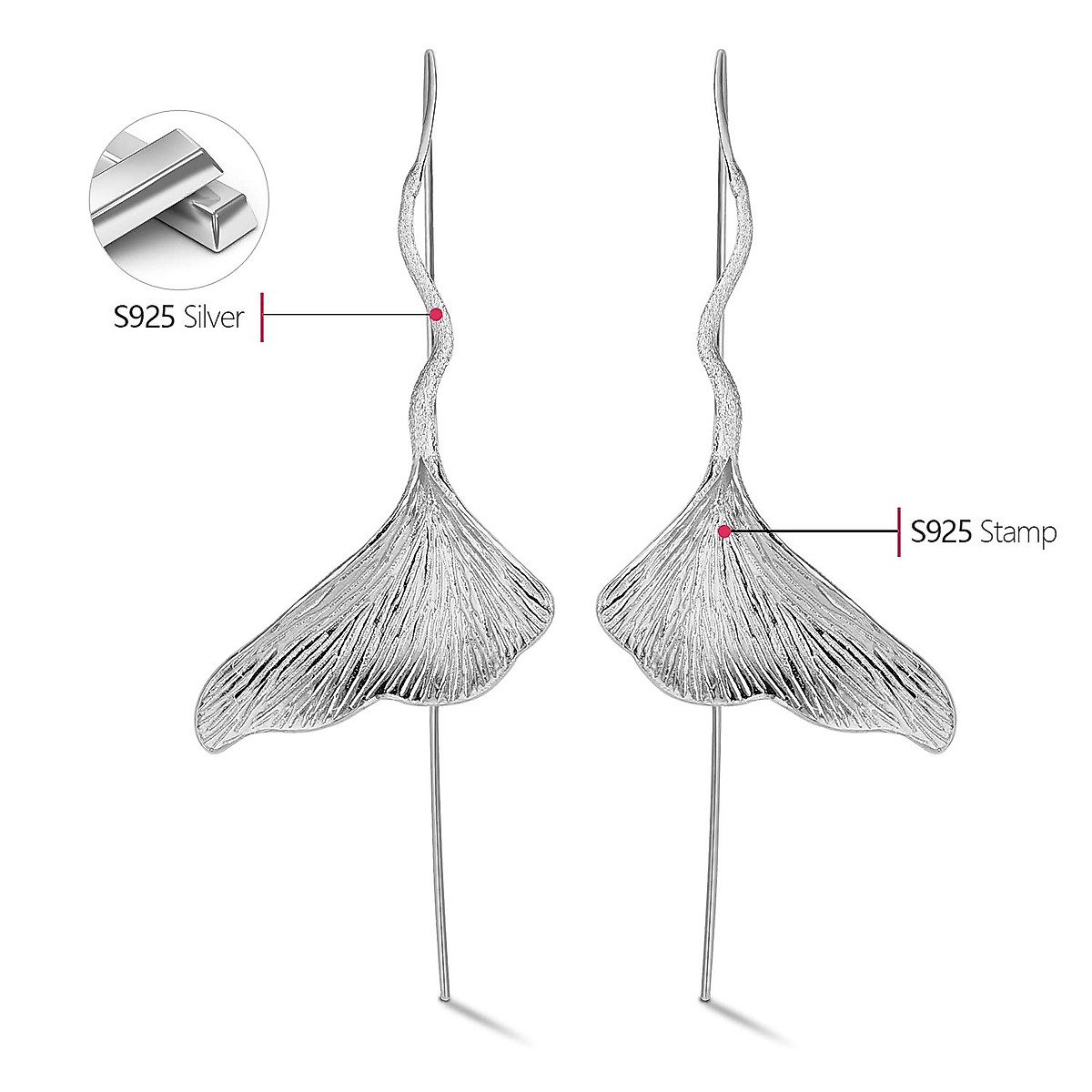 Lotus Fun S925 Sterling Silver Drop Earrings Vintage Ginkgo Leaf Dangle Earrings Handmade Unique Jewelry for Women (Silver)