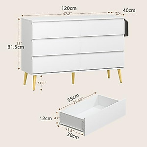 NUNU LAB Dresser for Bedroom Wooden with 6 Drawers, Chest of Drawers with Metal Rails for Bedroom, Living Room, Storage Cabinet, Closet, Hallway High Dresser, White