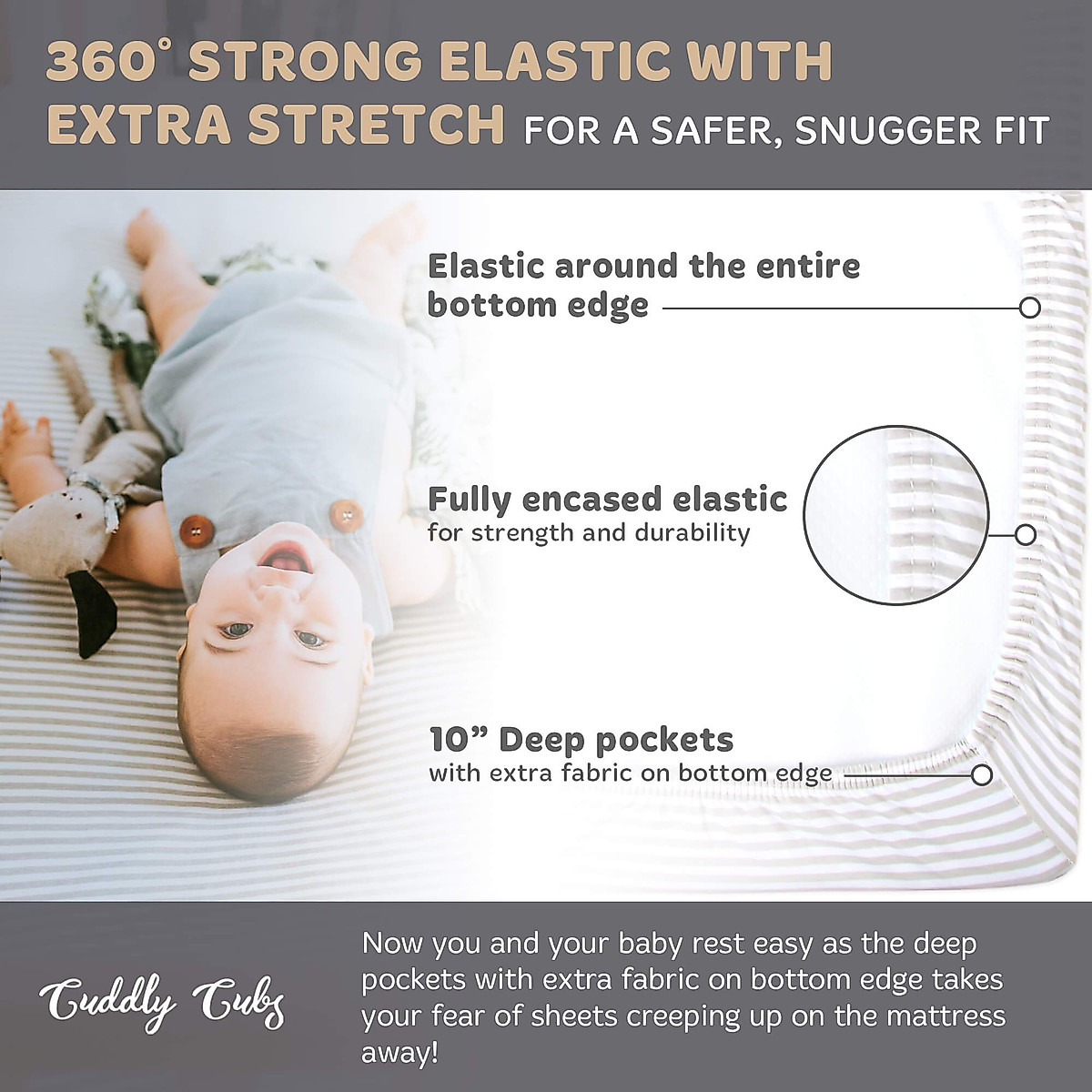 Cuddly Cubs Fitted Crib Sheets Set – 2 Pack – Jersey Cotton Crib Mattress Sheets for Baby Boy, Girl Crib – Grey Stripes, Sheep Toddler Bed Sheets – Fits on Standard 28 x 52 Crib and Toddler Mattress