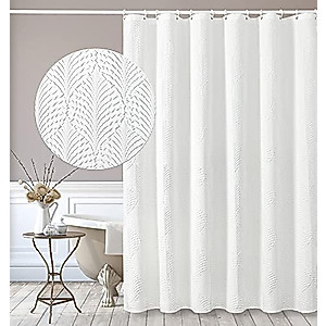 Gibelle White Shower Curtain for Bathroom, 3D Embossed Textured Fabric Shower Curtain, Modern Farmhouse Chic Soft Cloth Shower Curtain Set with Hooks, 72x72