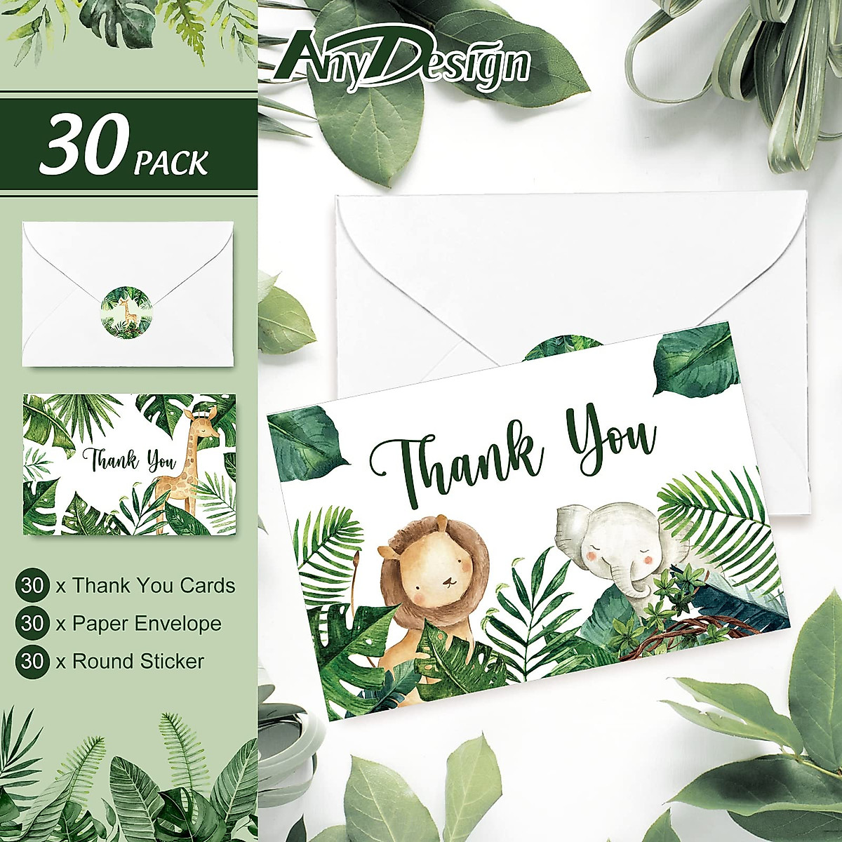 AnyDesign Woodland Thank You Cards with Envelopes Stickers Safari Jungle 30 Pack Watercolor Forest Animals Greenery Greeting Note Cards for Kids Girls Boy Children Birthday Baby Shower Party Supplies