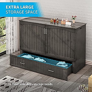 Horgaeo Queen Murphy Bed Cabinet with Mattress, Murphy Cube Cabinet Bed with USB Charging Station and Large Storage Drawer, Murphy Chest Bed for Small Guest Room, Home, Office, Gray