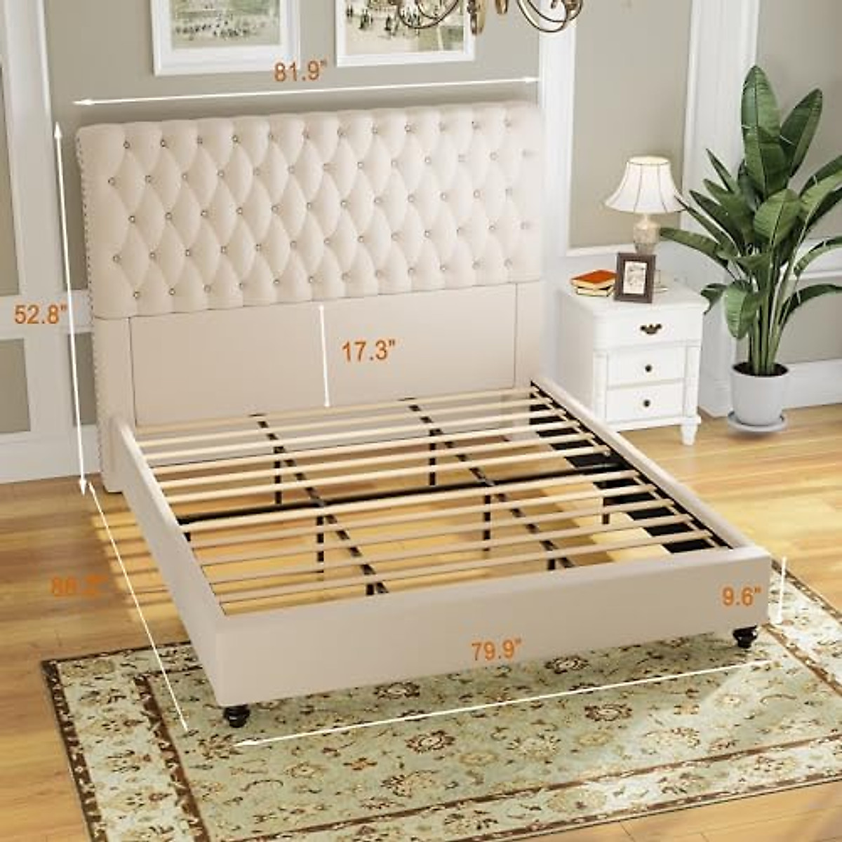 Jocisland King Size Upholstered Bed Frame and Headboard Sleigh PlatformTufted Bed/Cream