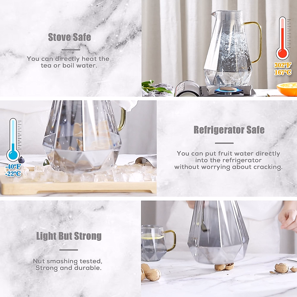 DUJUST Black Diamond Glass Pitcher with Lid & Spout (68 oz), Modern Design Water Pitcher with Handle, High Durability Glass Jug for Fridge, Glass Carafe for Iced Tea/Juice/Beverage/Coffee/Drinks