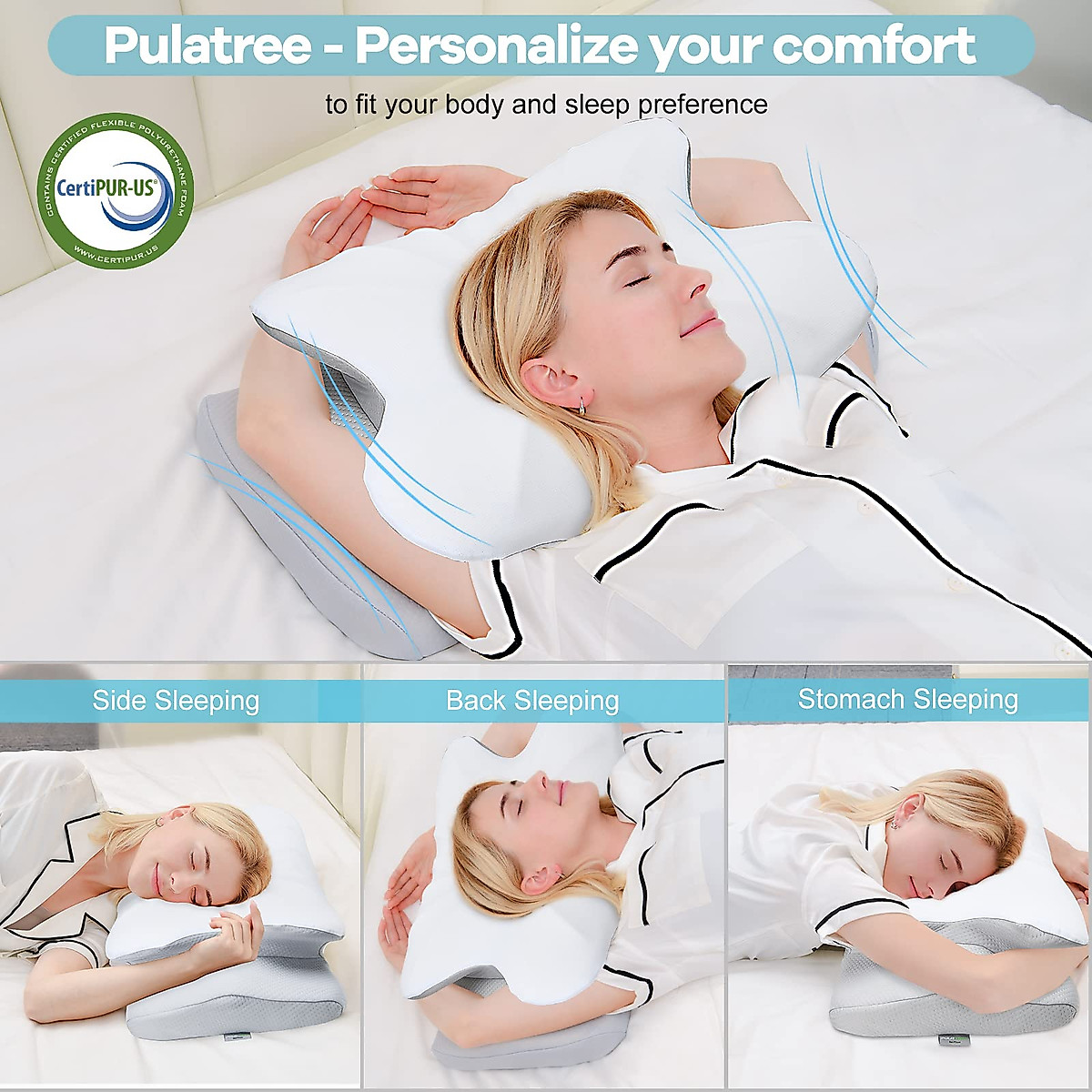 Pulatree Cervical Pillow for Neck Pain Relief, Odorless Contour Memory Foam Pillows with Cradles Design, Ergonomic Orthopedic Bed Pillows for Sleeping, Support Side Back Stomach Sleeper (Silky Cover)