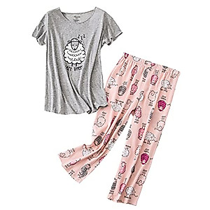 PNAEONG Women’s Pajama Set - Cotton-Blend Short-Sleeve Loose Top with Matching Capri Bottoms SY296-Lazy Sheep-M