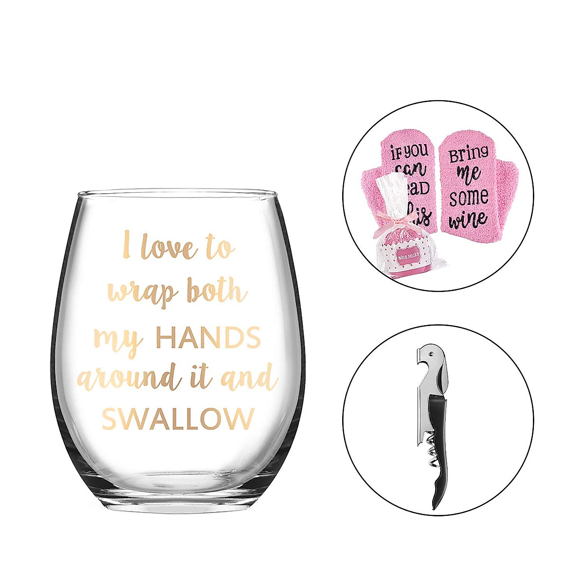 I Love to Wrap Both My Hands Around It and Swallow Stemless Wine Glass Set with Wine Socks and Bottle Opener for Women Friend Wife Girlfriend Her, Gag Gift for Bachelorette Party Birthday, 15 Oz