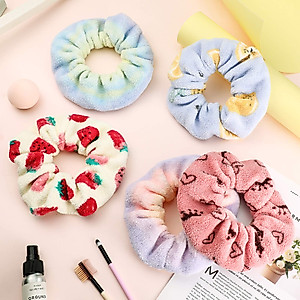 4 Pieces Large Soft Microfiber Hair Towel Scrunchies with Fuzzy Fruit-Shaped Pom Poms - Ponytail Holders for Wet and Dry Hair Styling Accessories for Women